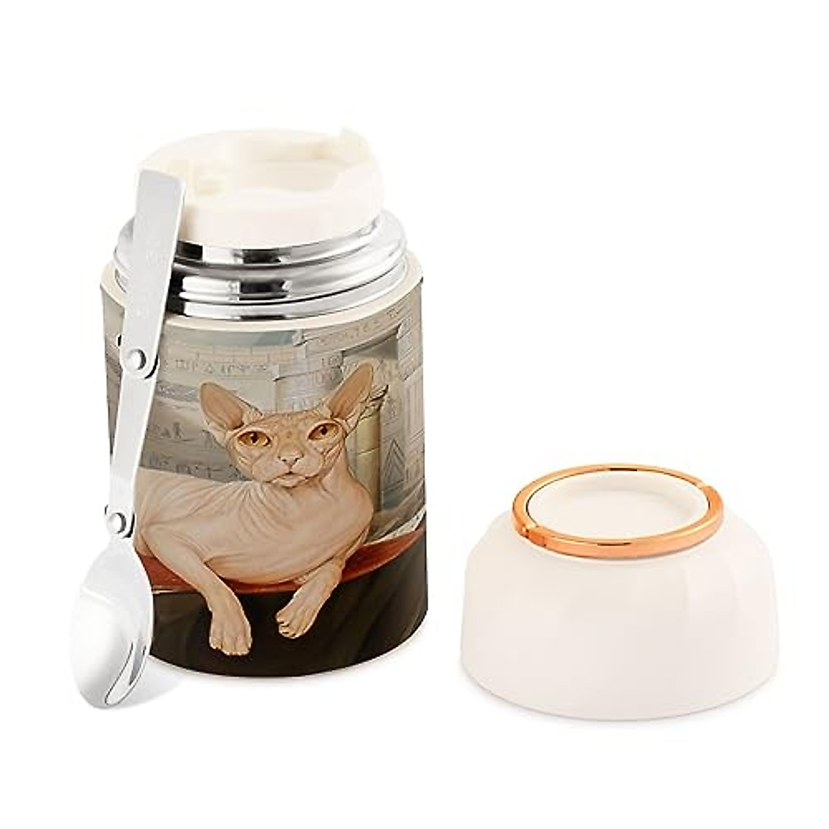 CUPADA Sphynx Kitten Cute Food Jar, Oil Painting Funny Insulated Hot Food Jars Vacuum 17OZ with Folding Spoon for Work Trip Picnic Camping