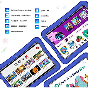 NOBKLEN Kids Tablet 10 Inch Tablet with Android 12 OS - 4GB RAM and 64GB Storage, 2.4G/5G WiFi, 1280 * 800 IPS Display, 8000mAh Battery, Bluetooth 5.0, GPS, Dual Cameras, and Parental Controls