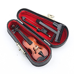 Dselvgvu Wooden Miniature Violin with Stand, Bow and Case Mini Musical Instrument Violin Replica Collectible Figurines Dollhouse Accessories Model Home Decoration Display Ornament (3.15"x1.18"x0.59")