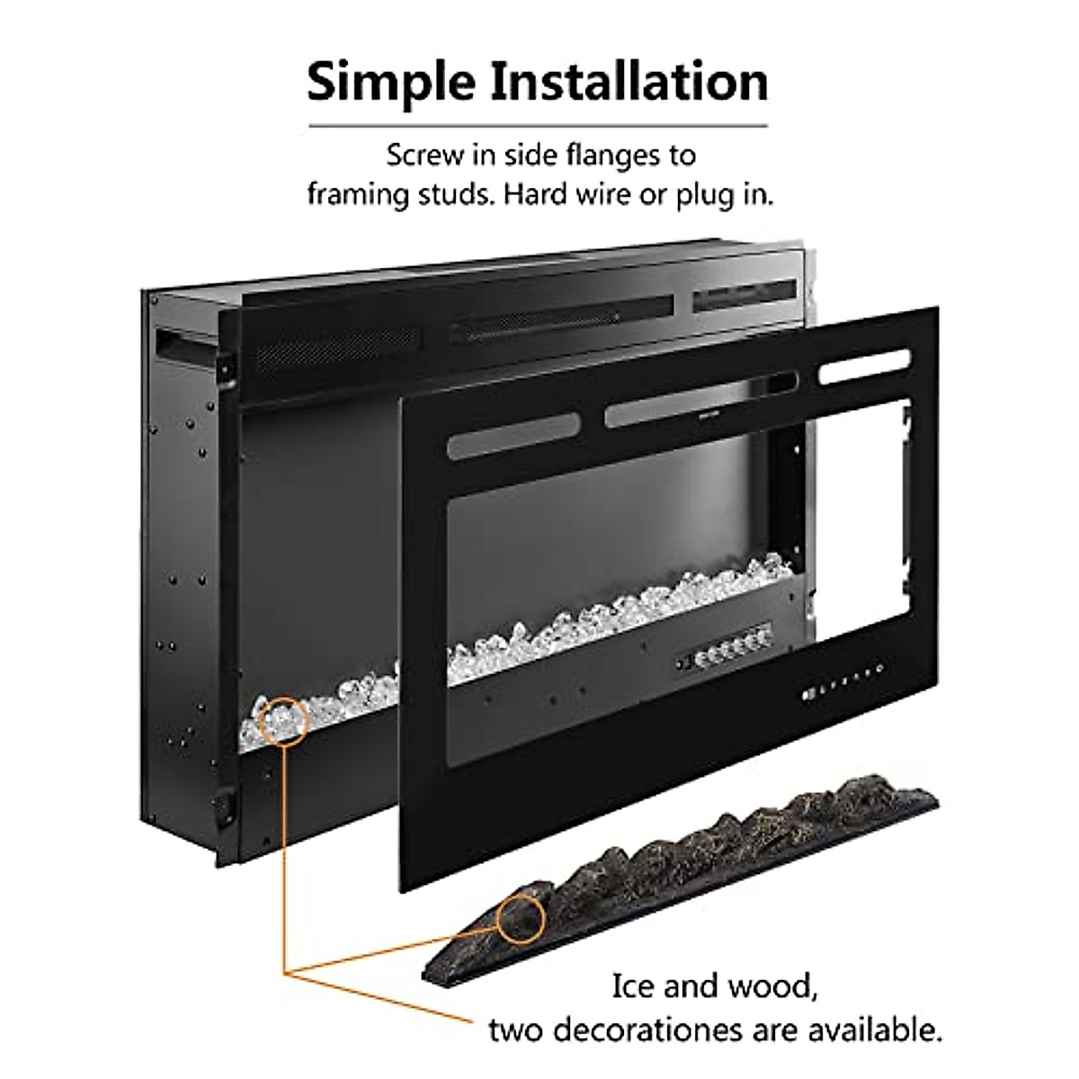 Anpuce 80 inch Ultra-Thin Electric Fireplace Recessed and Wall Mounted with Touch Screen Control Panel/Remote Control- Timer,Realistic 5 Flame - Log & Crystal Hearth Options