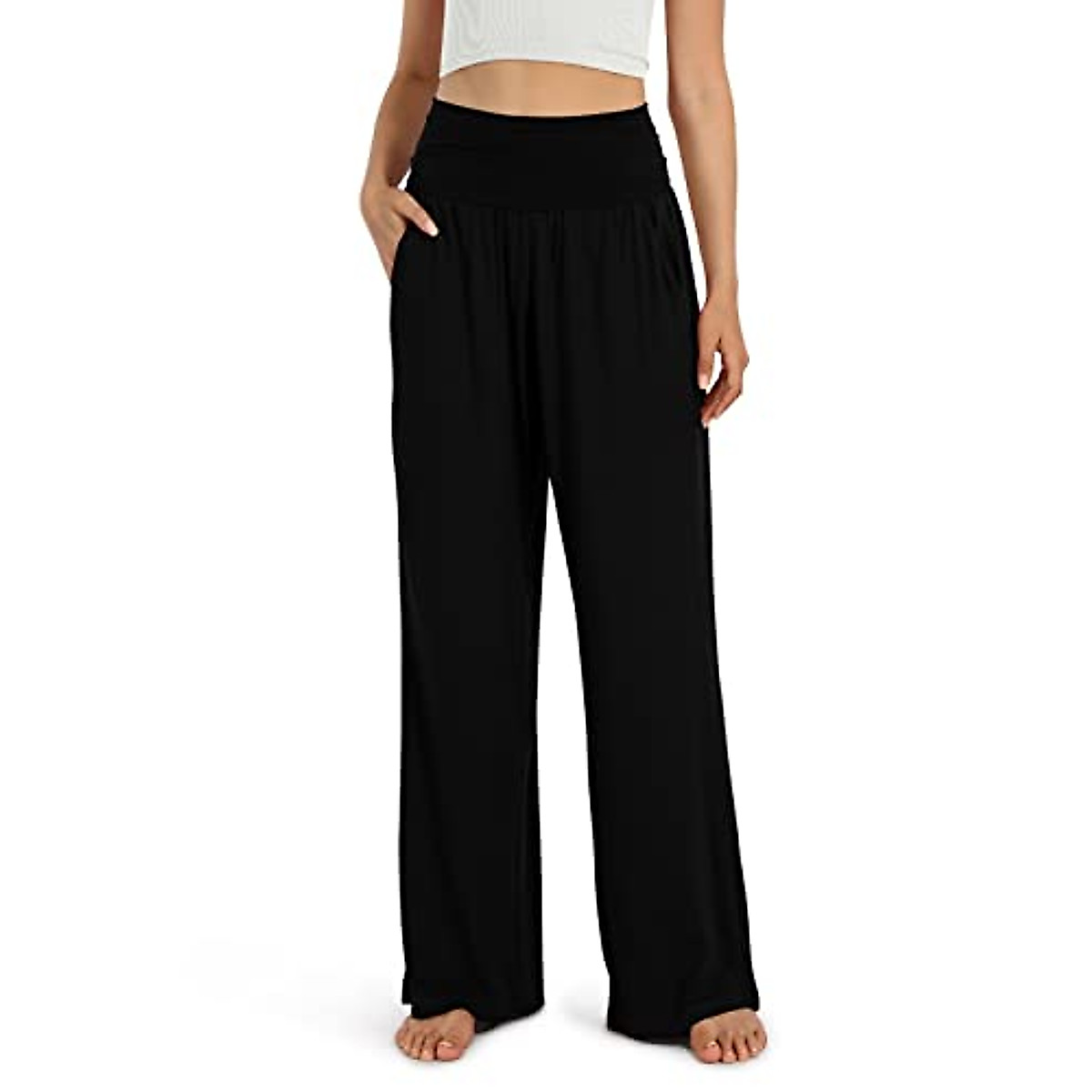 ODODOS Women's Wide Leg Palazzo Lounge Pants with Pockets Light Weight Loose Comfy Casual Pajama Pants-28 inseam, Black, Large