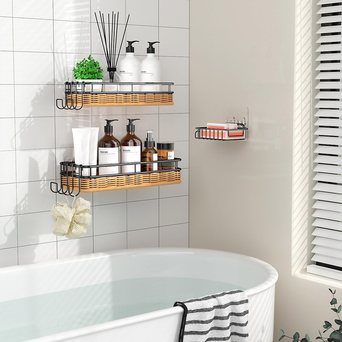 Getsrichfc Shower Caddy, 3 Pack Rustproof Stainless Steel, Weave Rattan, Adhesive Organizer, Large Capacity, Bathroom Storage, Black