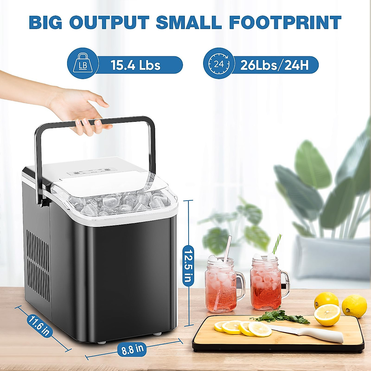 Sweetcrispy Countertop Ice Maker Machine, Portable Self-Cleaning Ice Machine with Ice Scoop, Basket and Handle, 9 Cubes in 6 Mins, 26.5lbs/24Hrs, 2 Sizes of Bullet Ice for Home Kitchen, Coal Black
