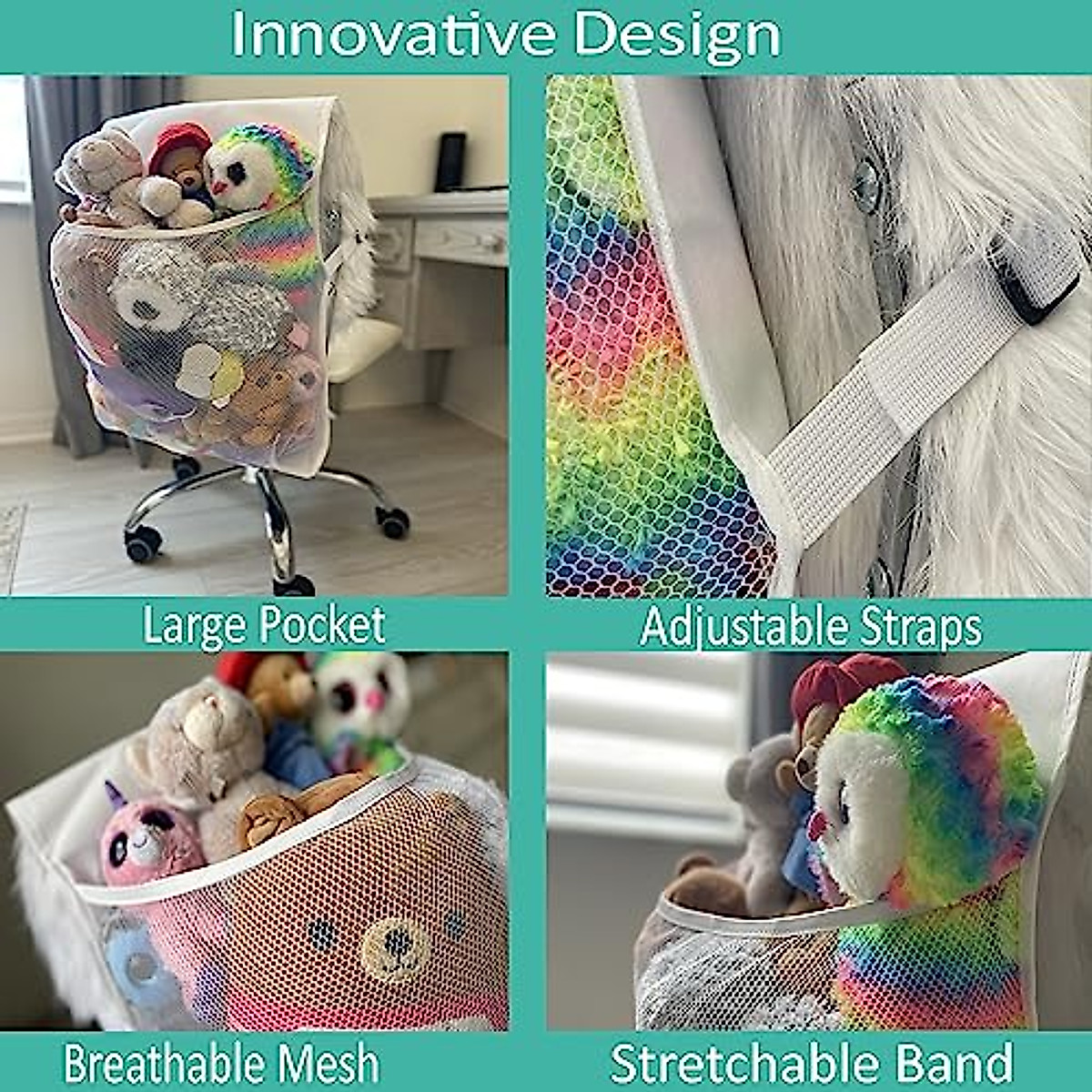 Stuffed Animal Storage Pocket for kids chair or Bed - Over Chair Organizer for Stuffies, Baby Ideas Holder, Toy Plush Storage/Hammock Hanging Storage Net Big Girls Toddler Large Bag Animals Black
