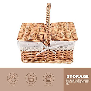 Cabilock Picnic Baskets Woven Baskets with Handles Picnic Storage Basket with Lid Farmhouse Ornaments Crafts for Outdoor Picnic Wedding Party Favors Decoration (White) Simple Picnic Basket