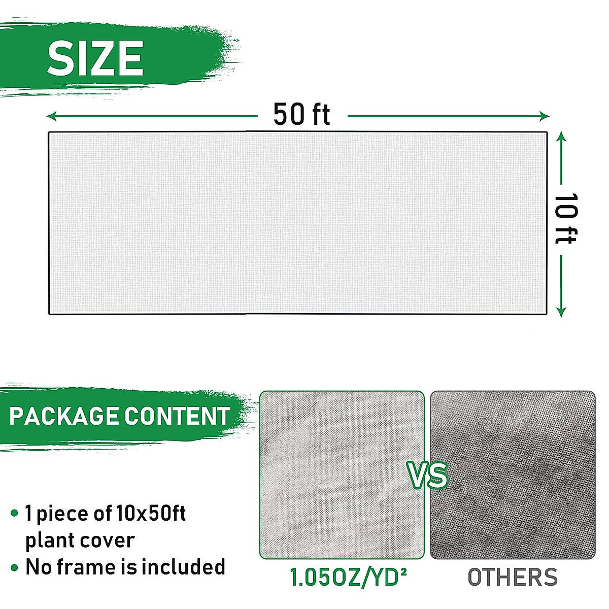 YNERHAI Plant Covers Freeze Protection Kit with 6 Pcs Garden Hoops & Clips, 10 ft x 50 ft Garden Frost Cloth Plant Covers for Winter Protection, Floating Row Cover Frost Blankets (1.05 Oz/yd²)