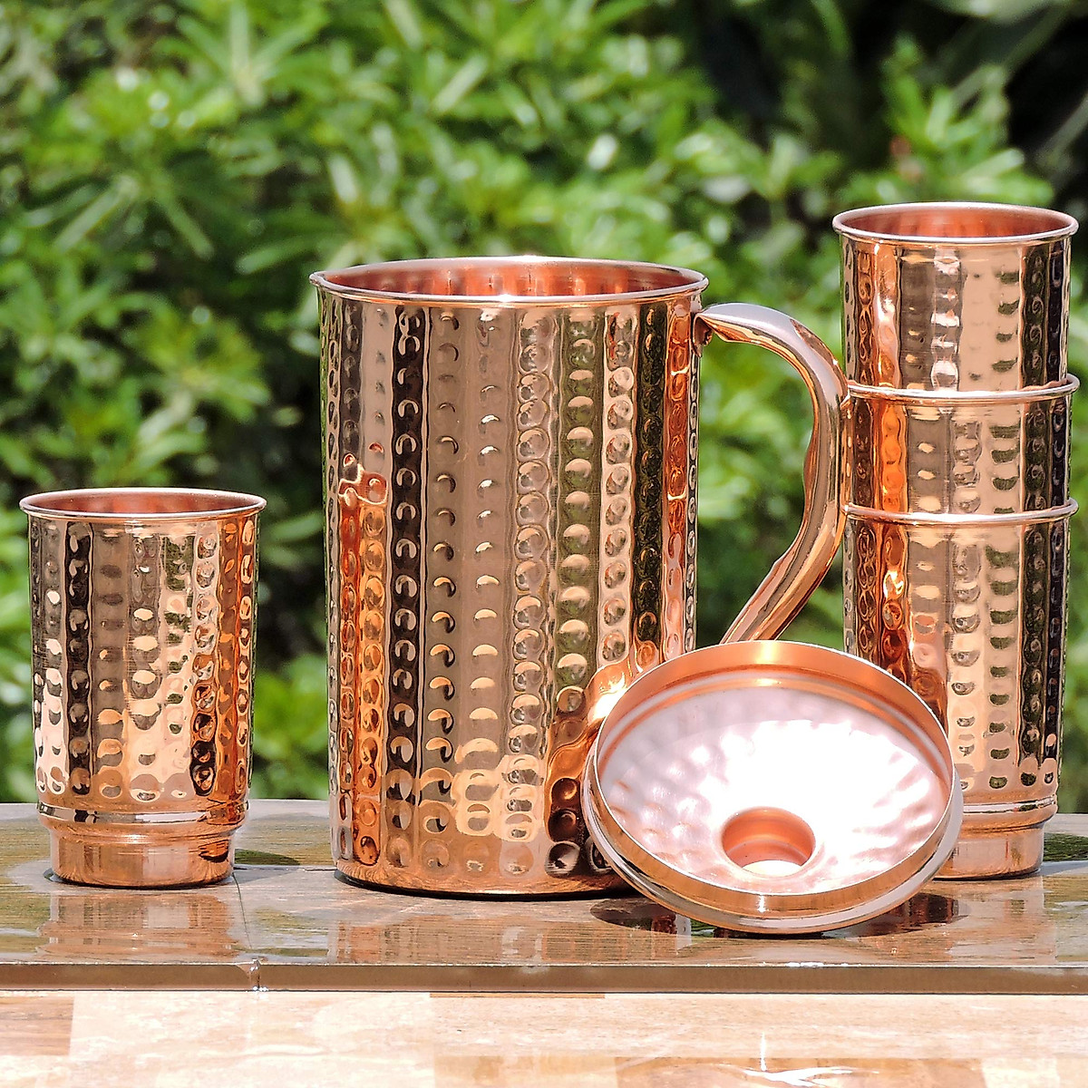 HealthGoodsIn - Pure Copper Hammered Pitcher with 4 Copper Tumblers | Hammered Copper Pitcher and Tumblers for Ayurveda Health Benefits