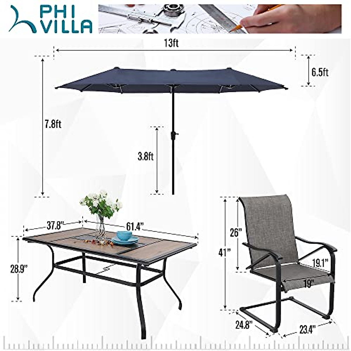 PHI VILLA 8 pcs Outdoor Dining Set with 13ft Double-Sided Market Umbrella(Blue), Rectangle Wood-Like Metal Table and 6 Spring Dining Chairs,Slightly Rocking for Garden, Lawn,Yard