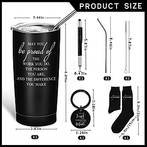 Gerrii Set of 4 Employee Appreciation Gifts for Men 20 oz Stainless Steel Tumbler with Lid Straw Thank You Socks Inspirational Keychain Metal Ballpoint Pen Birthday Thank You Gifts for Men(Black)