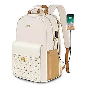 MATEIN Computer Backpack for Women, Large Anti Theft TSA 17 Inch Laptop Backpack with USB Charging Port, Durable Water Resistant Cute College Backpack Casual Daypack Purse for Work Travel, Beige