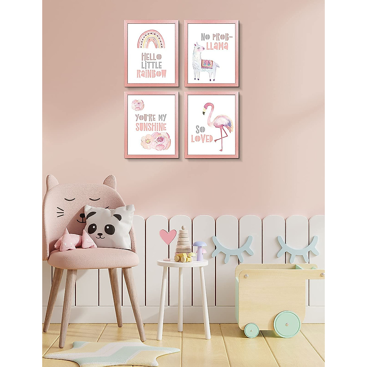 ArtbyHannah 4 Pack 8x10 Inch Framed Baby Nursery Wall Art Decor with Pink and White Decorative Cute Animals Art Prints for Kids Room, Baby Girls Playroom Children Room Bedroom or Home Decoration
