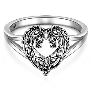 LOVGIFSET Horse Ring Celtic Horse Rings for Women Celtic Knot Heart Sterling Silver Western Mustang Equestrian Jewelry Horses Lover Gifts Size 7