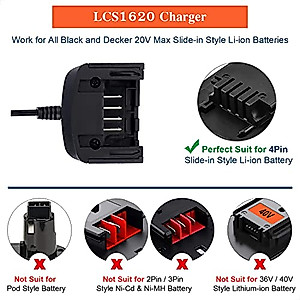 LCS1620 20V Lithium Battery Charger for Black & Decker 16V Lithium Battery LBXR20 LBXR20-OPE LB20 LBX20 LBX4020 LB2X4020 LBXR2020-OPE BL1514 LBXR16
