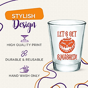 Let's Get Smashed Halloween Shot Glasses - Set of 12 Glass Decor Cups, Double Sided Print - Clear Decorative Drinking Glassware for Tequila, Vodka, Liquor Drinks - Barware for Themed Party (Orange)