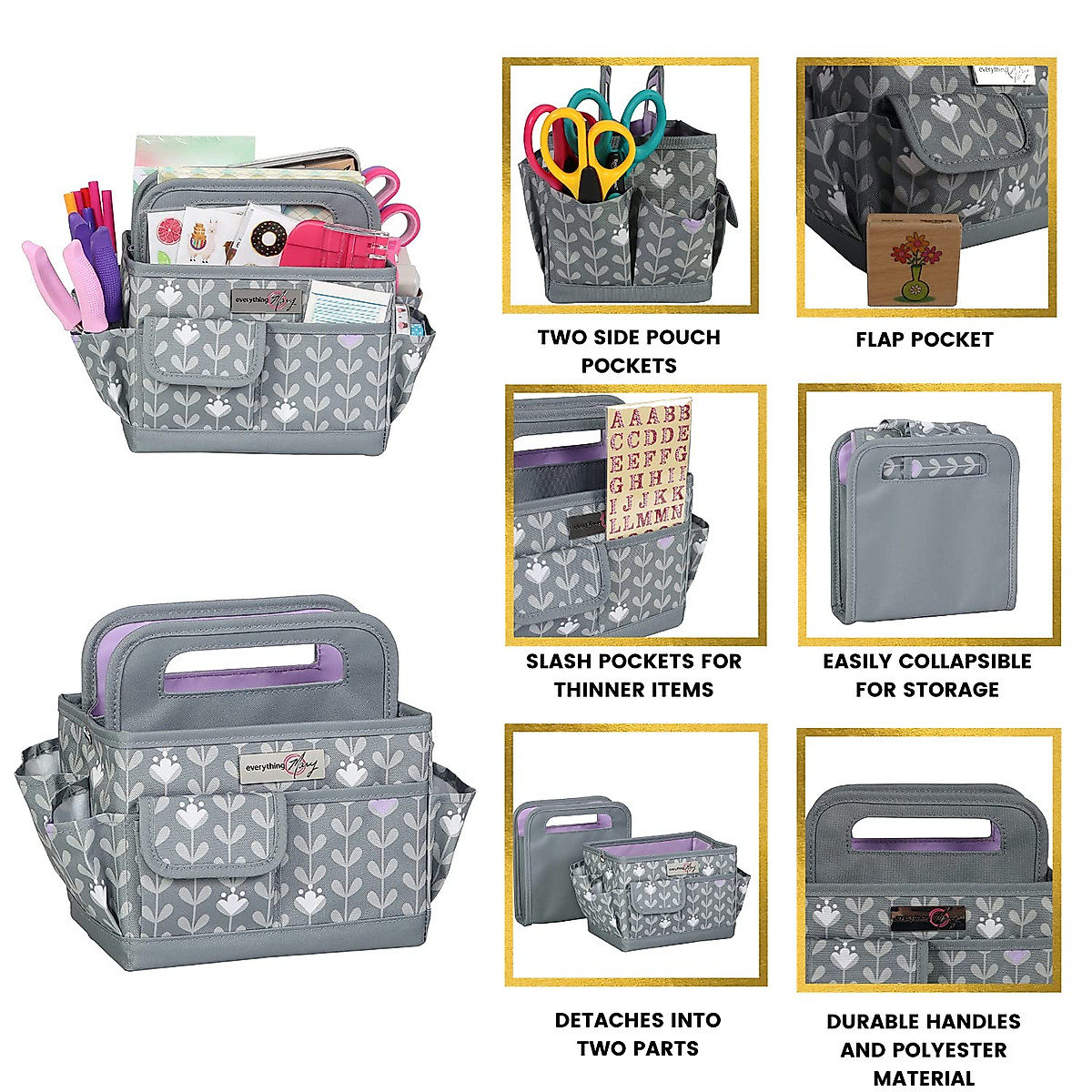 Everything Mary Collapsible Desktop Craft Organiser, Grey & White Leaf for Sewing, Scrapbooking, Paper Craft, and Art - EVM12831-1