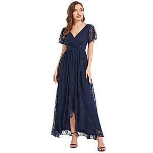 Ever-Pretty Women's Lace V Neck Ruffles Sleeves Pleated Empire Waist A-Line Maxi Formal Dresses Navy Blue US14