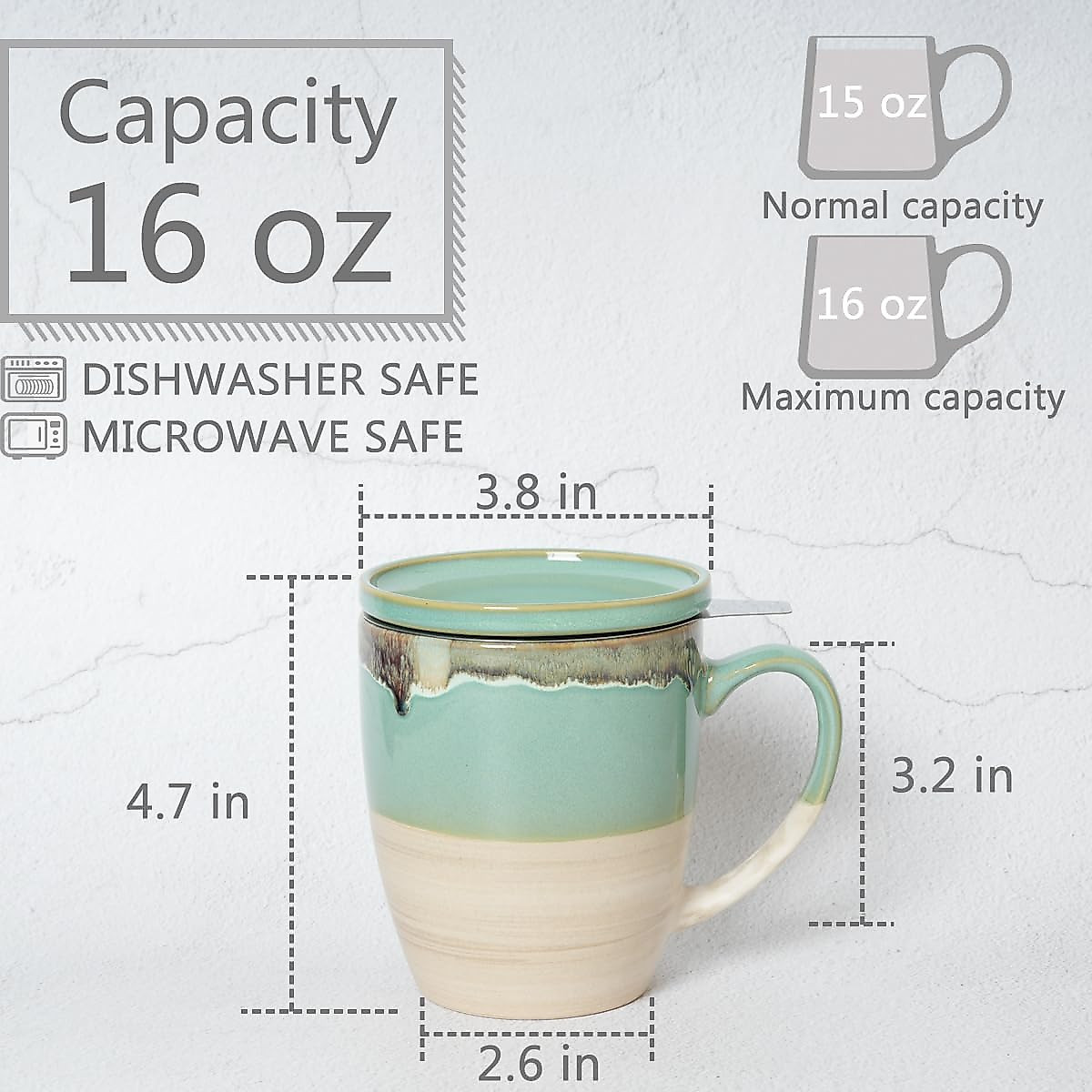 Bosmarlin Ceramic Tea Cup with Infuser and Lid, 16 Oz, Dishwasher and Microwave Safe, 5 Colors to Choose, Reactive Glaze, Steeping Tea Mug with Strainer (Green)