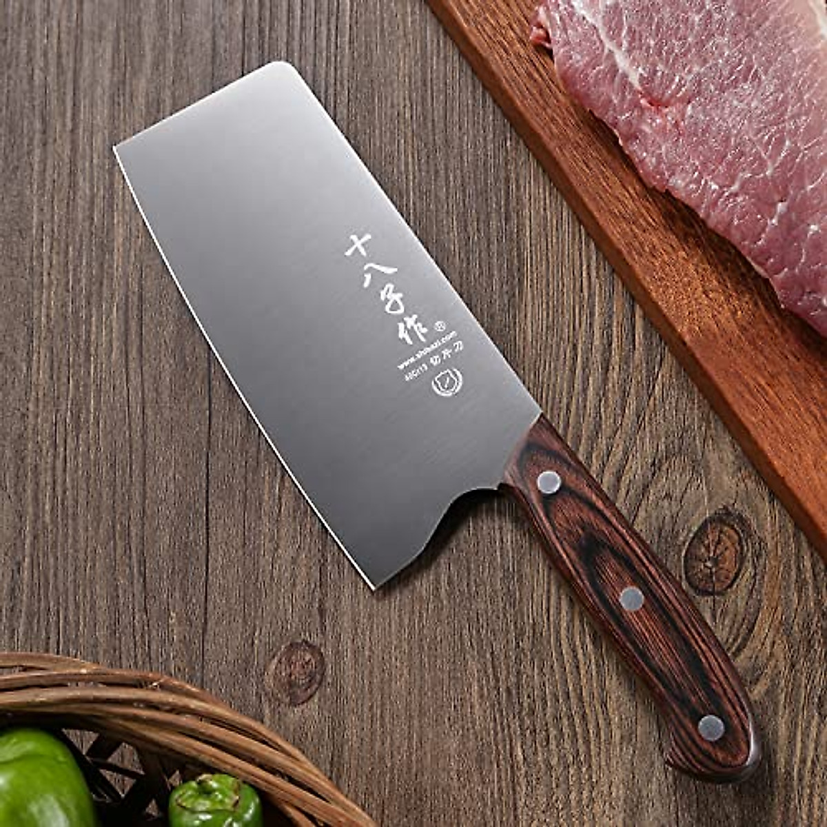 SHI BA ZI ZUO Chinese Knife Vegetable Meat Knife 6.7-inch Stainless Steel Slicer Cleaver, Wooden Handle with Moderate Weight