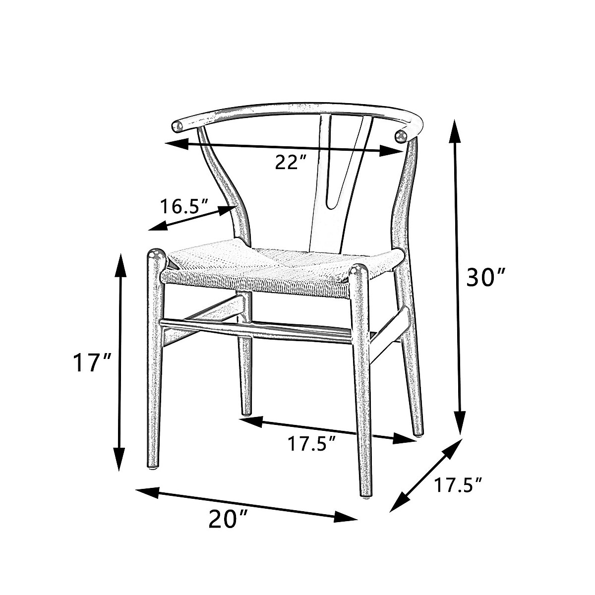Polynices Wishbone Chair, Weave Modern Solid Wood Mid-Century Y Shaped Backrest Dining Chair (Black + Natural Set of 2)