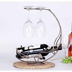 Ecostan Wine Holder Stand &Kitchen Tabletop Decoration，Metal Wine Bottle Rack for Holds 1 Bottle 2 Glasses（Bronze）
