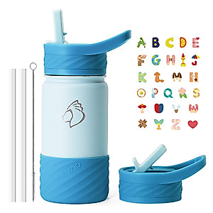 14oz Kids Water Bottle for School Toddler Thermo Water Cups with Straw Lid & Silicone Boot, BUZIO Stainless Steel BPA-Free Insulated Water Tumbler Travel Bottles, Metal Mug with Stickers- Blue