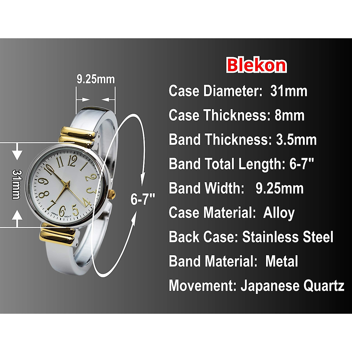 2Tone Metal Band Slim Case Women's Bangle Cuff Watch
