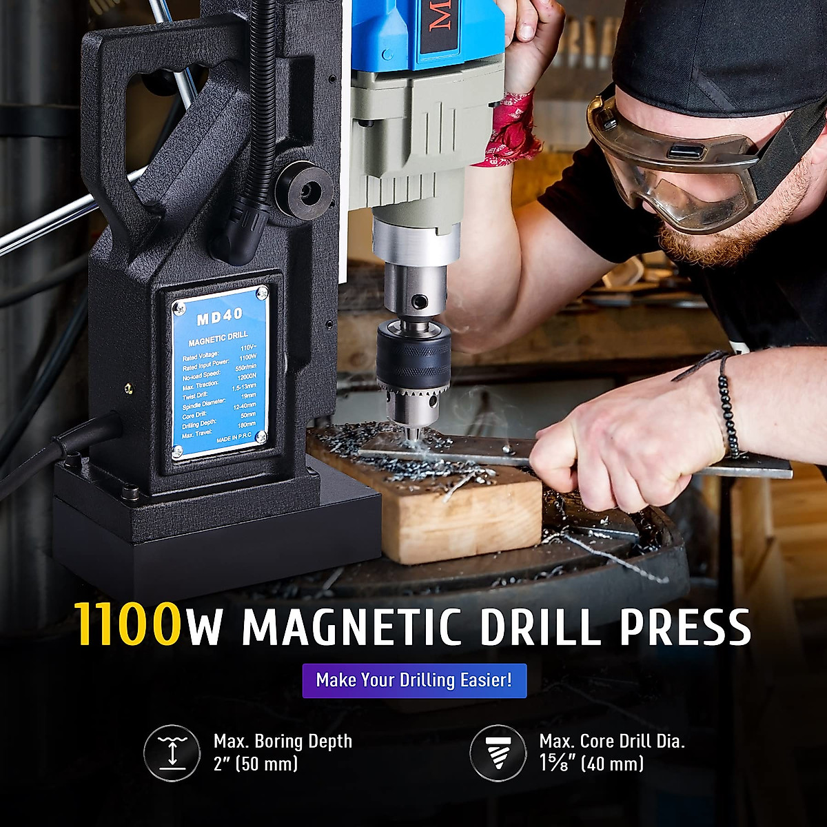 ZELCAN 1100W Magnetic Drill Press with 1.6 Inch Boring Diameter, Power Mag Drill 2700lbf Electromagnet Portable Drilling Machine for Metal Surface and Home Improvement