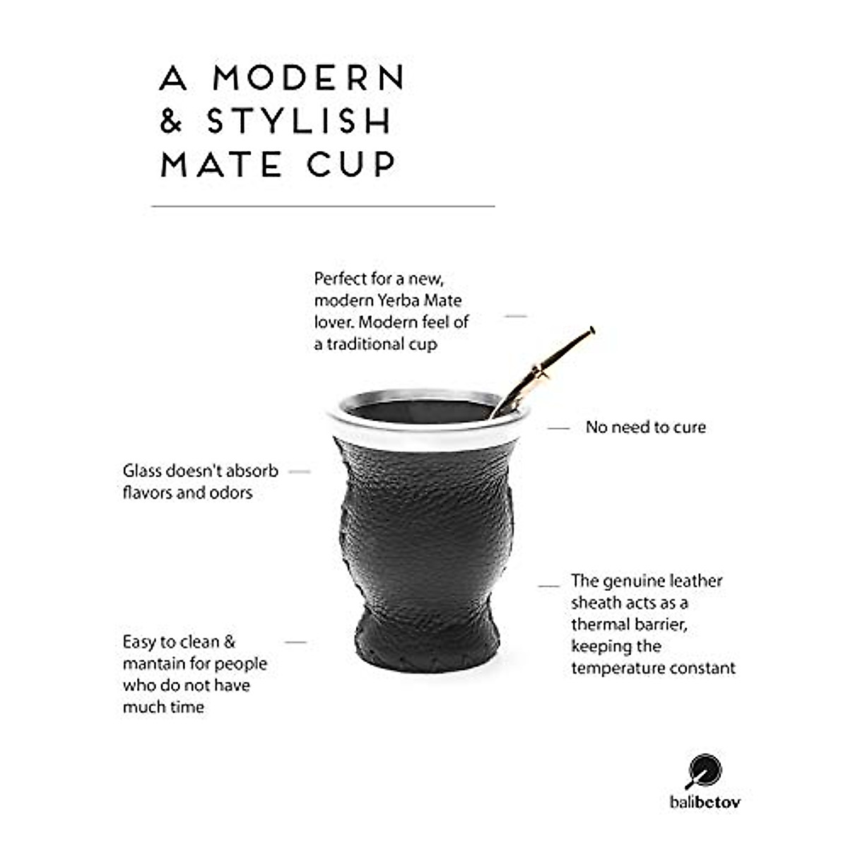 BALIBETOV [New Leather & Glass Yerba Mate Gourd Set (Mate Cup) with Yerba Mate Bombilla (Straw) (Black)