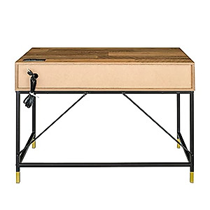 LEEJAY Rattan Computer Desk with Two Drawers, 40 inch Small Computer Writing Desk with Outlets, Entryway Console Table for Small Space,39.37Lx19.68Wx31.29H, Mix Oak