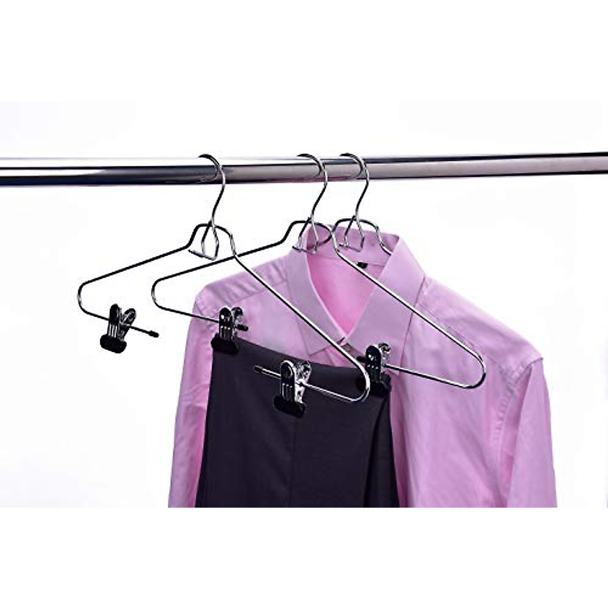 Quality Add-On Pant Skirt Blouse Hanger 60-Pack, Heavy-Duty Add-On Skirt Hangers with Clips, Multi Stackable Add on Hangers, Adjustable Wide Clip Pants Hanger, Chrome (Skirt Hanger - Wide Clips, 60)