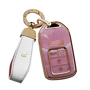 SANRILY Pink Jade Pattern 5 Button Key Fob Cover for Honda Accord Civic Cr-V Hr-V Fit Odyssey Jed Crosstour Crider Keyless Key Case Shell with Bling Leather Keychain