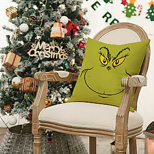 Yaofavo Christmas Decorative Throw Pillow Cover, Merry Grinchmas Cushion Covers Xmas, Green Face Pack of 2 Pillowcase Only (Green Face, 18 x 18 Inch)