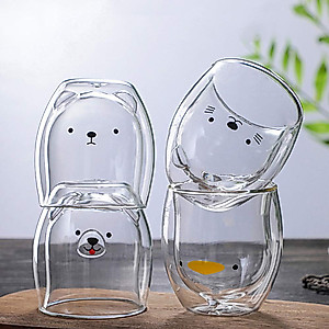 æ— 4 Pack Cute Animals Mugs, Double Wall Insulated Glass Espresso Cup, Tea Cup Milk Cup Coffee Couple Glass Mugs Funny Valentines Day Creative Romantic Birthday Gifts