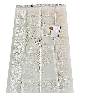 Islamic Prayer Mat, Turkish Prayer Rug with Pouch and Ornament Sealing, Portable Prayer Mat with Handy Pouch, Islamic Carpet Pad Ideal for Travelling (44" x26” with Free Tasbeeh) (White)