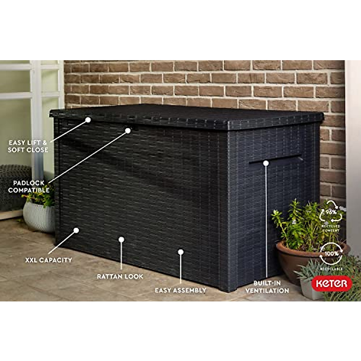 Keter XXL Java 230 Gallon Resin Rattan Look Large Outdoor Storage Deck Box for Patio Furniture Cushions, Pool Toys, and Garden Tools