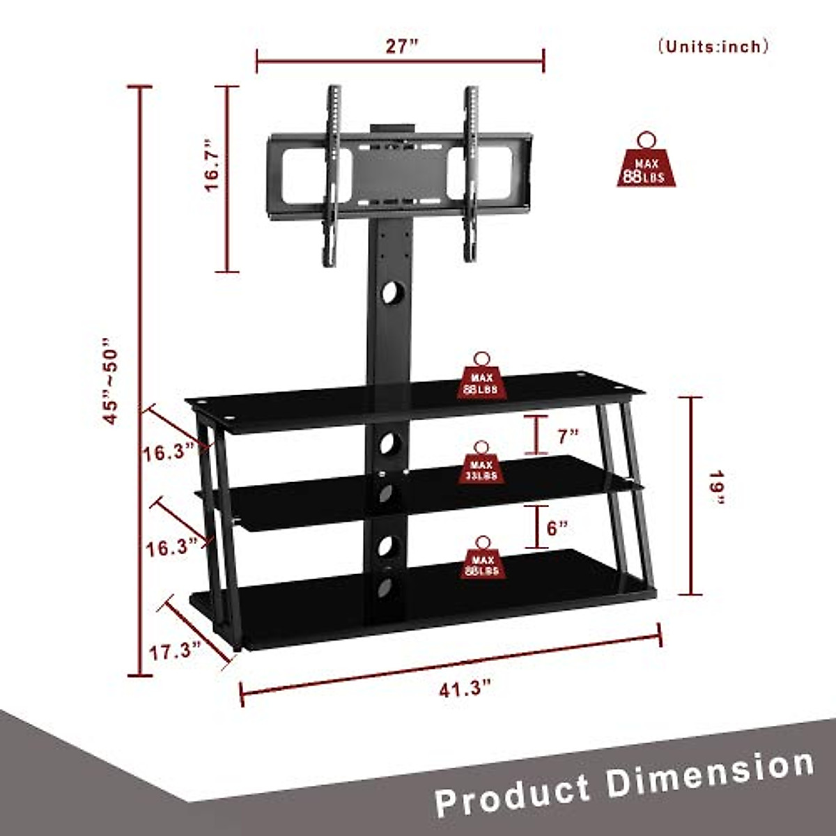 Tansole Swivel Floor TV Stand Height Adjustable Bracket Entertainment Stand for 32 to 65 Flat or Curved Screen Multi-Function TV Stand | 3-Tier BlackTempered Glass Multi-Function TV Stand