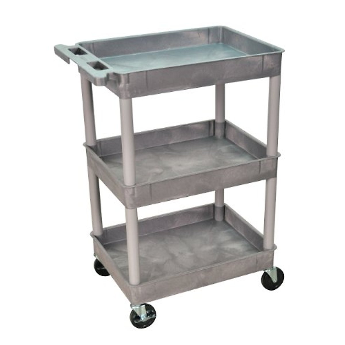 Luxor/H.Wilson Three Shelf Rolling Industrial Utility Tub Cart with Handle, Gray, 24 in W x 18 in D x 39.25 in H