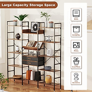 GRYPQROH Book shelf and Bookcase Triple Wide 5 Tier Industrial Bookshelf with Drawers & 14 Open Display Shelves, Large Etagere Tall Bookcase with Metal Frame for Home Office Living Room Retail Display