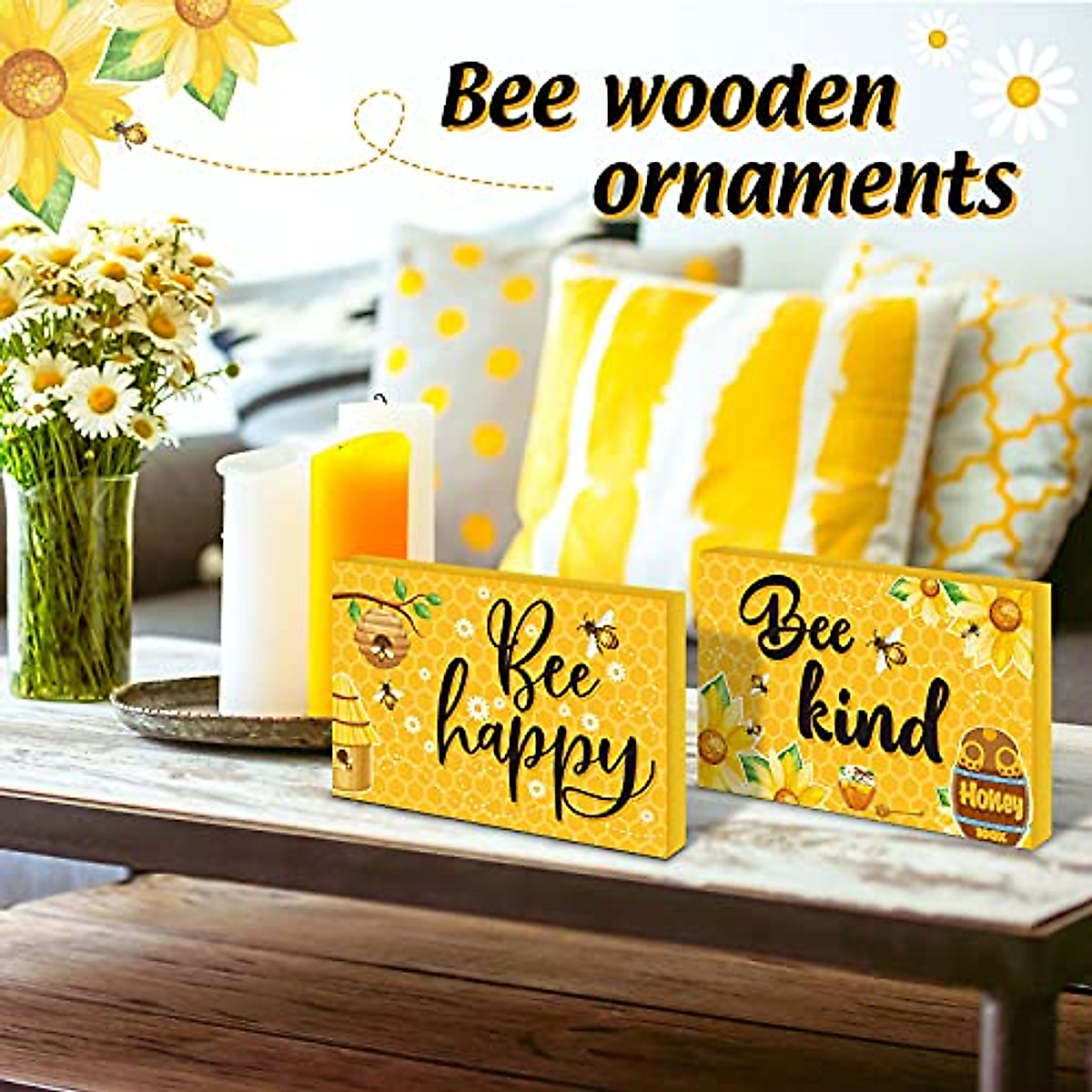 Jetec 2 Pieces Bee Happy Wood Sign Bee Kind Wood Decor Bee Sign Rustic Wooden Wall Decor Bee Wooden Sign Farmhouse Bee Box Signs Bee Happy Wooden Plaque for Home Party Door Decoration