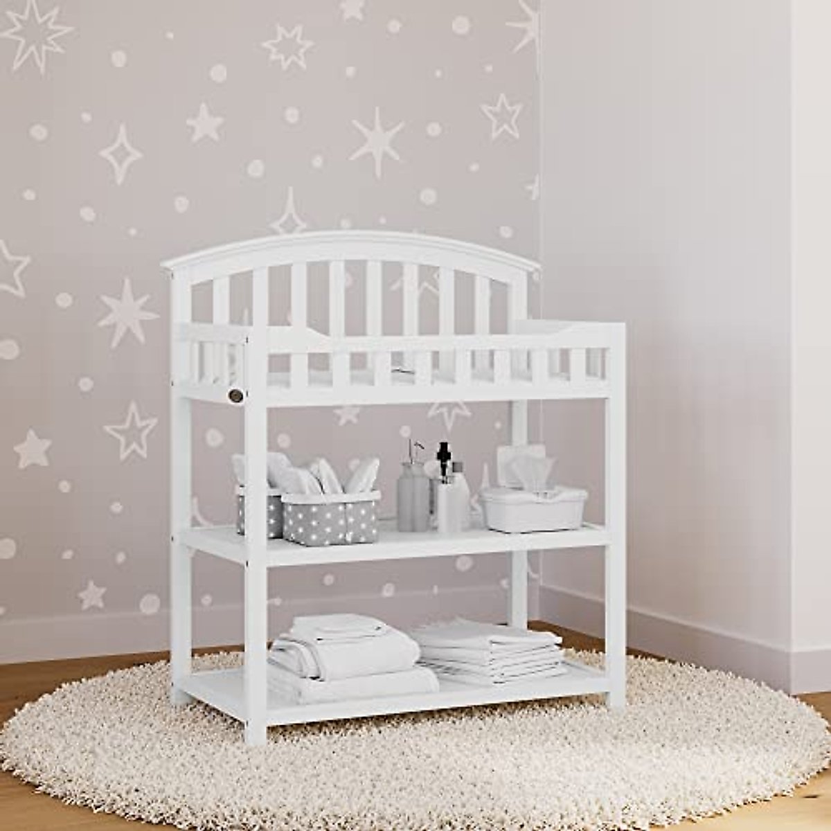Graco Changing Table with Water-Resistant Change Pad and Safety Strap, White, Multi Storage Nursery Changing Table for Infants or Babies