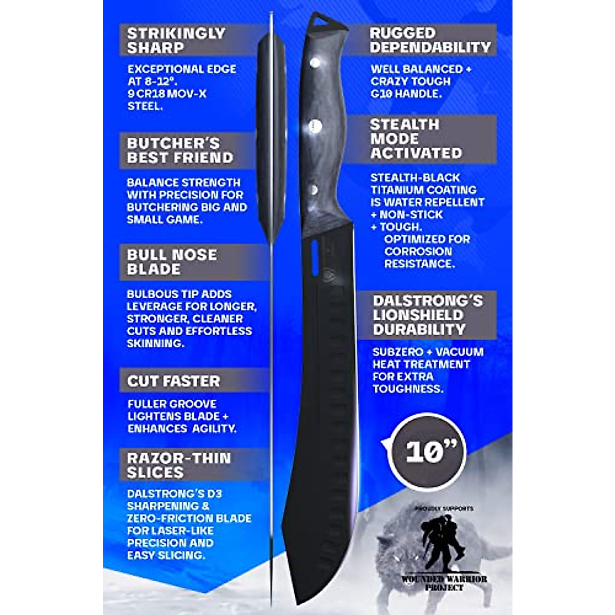 Dalstrong Bull Nose Butcher Knife - 10" - Delta Wolf Series Knife - Ultra-Thin & Zero Friction Blade - HC 9CR18MOV Steel - Black Titanium Nitride Coating - G10 Camo Handle - Leather Sheath