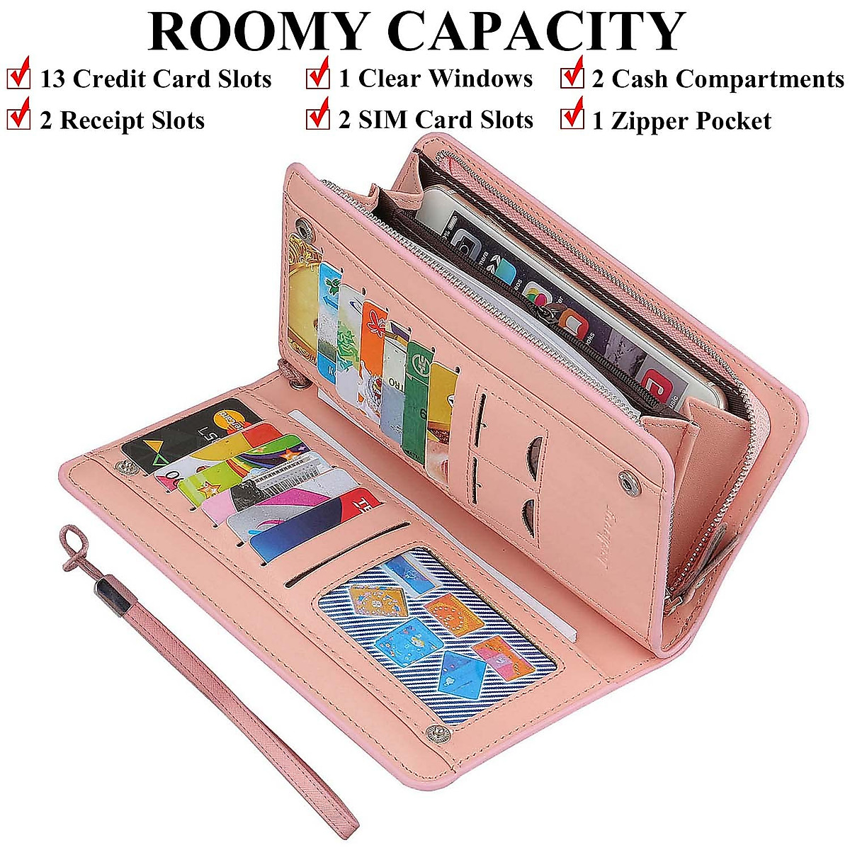 Women’s Long PU Leather Wallet with Credit Card Holders Money Organizer Zipper Purse Wristlet Handbag (A Pink)