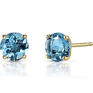 Peora 14K Yellow Gold Swiss Blue Topaz Stud Earrings for Women, Genuine Gemstone Birthstone, Round Shape, 6mm, 2 Carats total, Friction Back