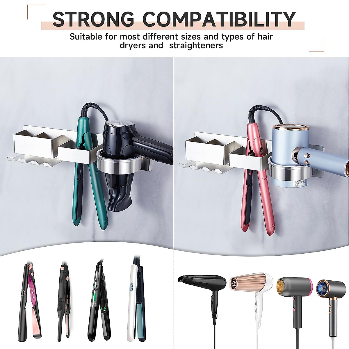 Hair Dryer Holder Wall Mounted, Blow Dryer Holder, Stainless Steel Hair Dryer and Straightener Holder, Hair Tool Organizer for Hair Dryer, Curling Iron Holder, Adhesive Hairdryer Holder for Bathroom