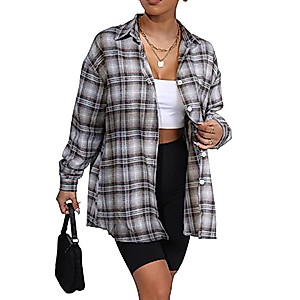 LYANER Women's Long Sleeve Plaid Collar Button Down Boyfriend Shirt Blouse Top Grey 3X-Large