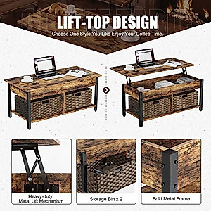 Rolanstar Coffee Table Lift Top, Coffee Table with Hidden Storage Compartment and 2 Rattan Baskets, 41.7" Retro Central Table with Wooden Lift Tabletop and Metal Frame for Living Room, Rustic Brown