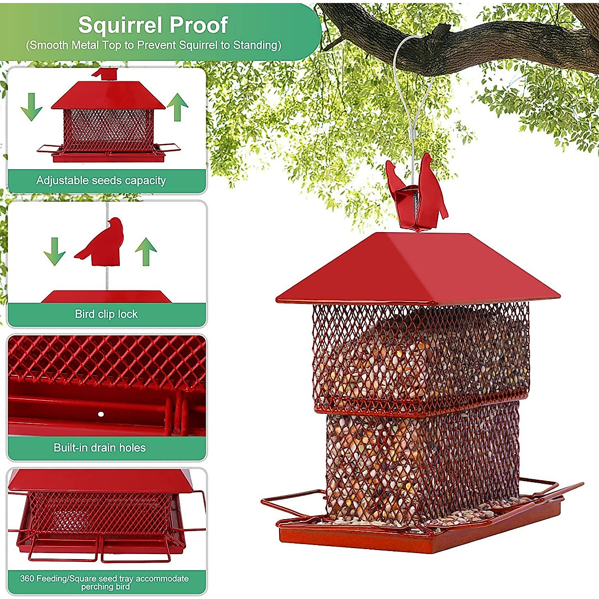 Bird Feeder for Outside Hanging Squirrel Proof Bird Feeders Metal Wild Bird Feeder Retractable Outdoor Feeder with 6 Perches for Cardinal, Finch, Chickadee, Bluebirds etc(Red)
