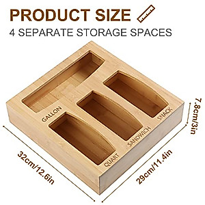 Bamboo Ziplock Bag Storage Organizer for Kitchen Drawer Large and Sturdy Ziplock Bag Organizer for Gallon, Quart, Sandwich, Snack, 8" Quart Bags, Variety Bags