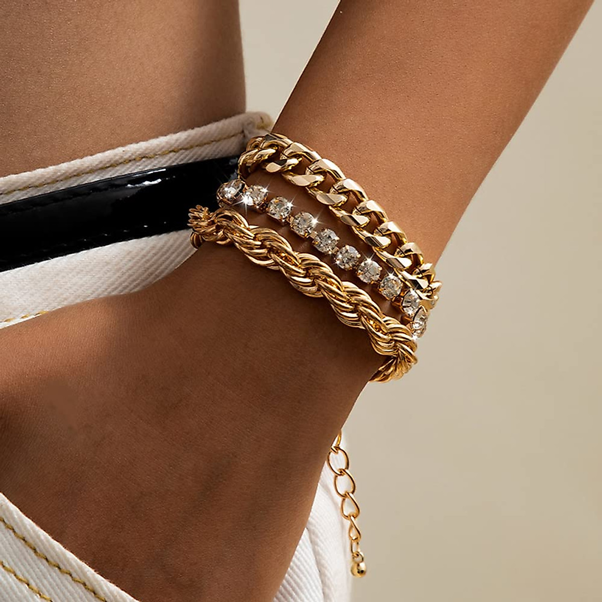 Octwine Fashion Rhinestones Bracelets Sets for Women Gold Silver Layered Chunky Pendant Charms Chain Stackable Wrap Bangle Adjustable Bracelet Jewelry Accessories for Women