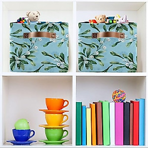 Mistletoe Branches Berries Storage Basket Bins Foldable Decorative Storage Box Laundry Hamper Baskte Storage for Bedroom Office Clothes Pet Nursery Living Room,2 pcs